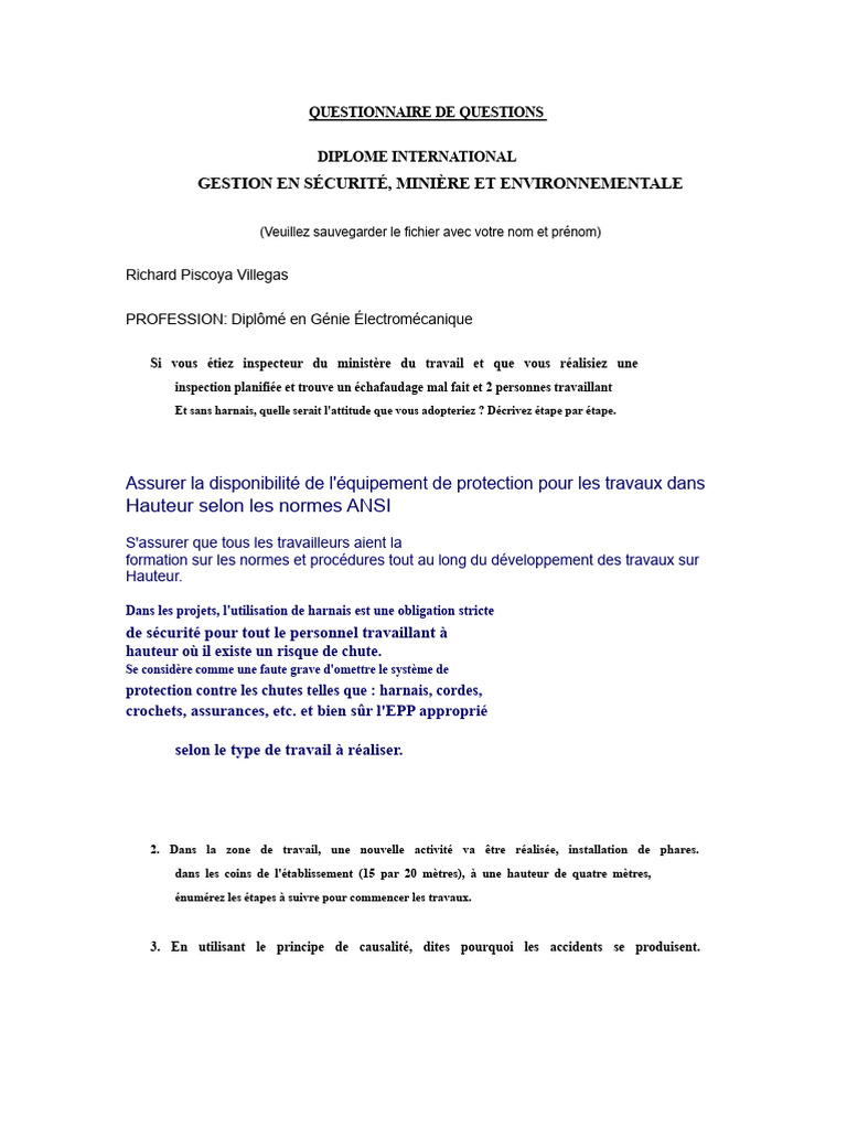 Questionnaire sur la sécurité au travail | PDF | Sécurité