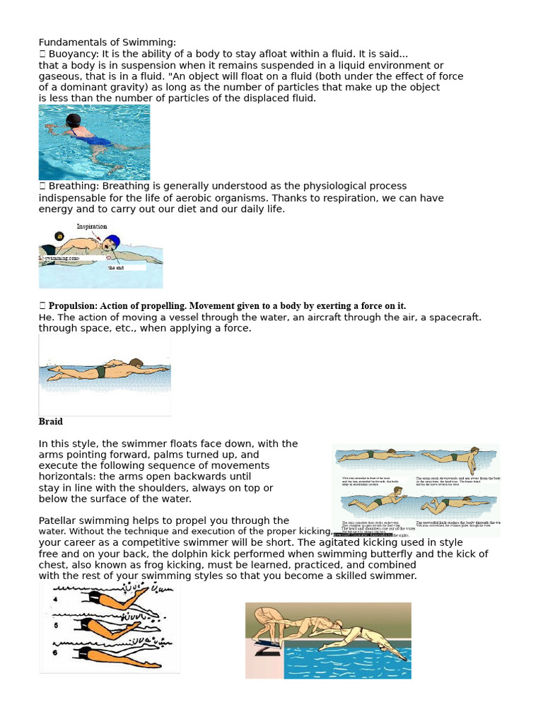 Swimming Techniques: Buoyancy, Breathing, Propulsion | PDF