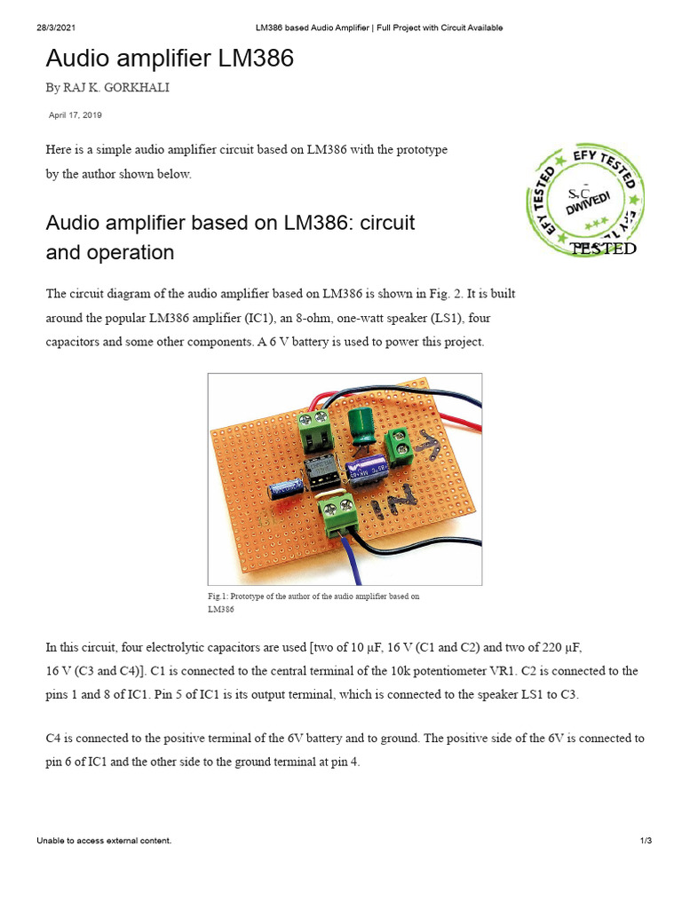 LM386 based Audio Amplifier _ Full Project with Circuit Available | PDF | Amplifier | Electronic ...