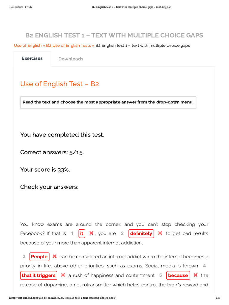 B2 English Test 1 - Text With Multiple Choice Gaps - Test-English | PDF ...