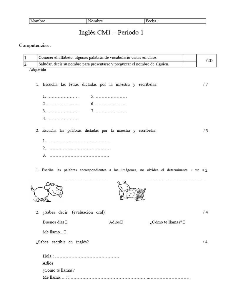 Evaluación CM1 - Inglés P1 | PDF