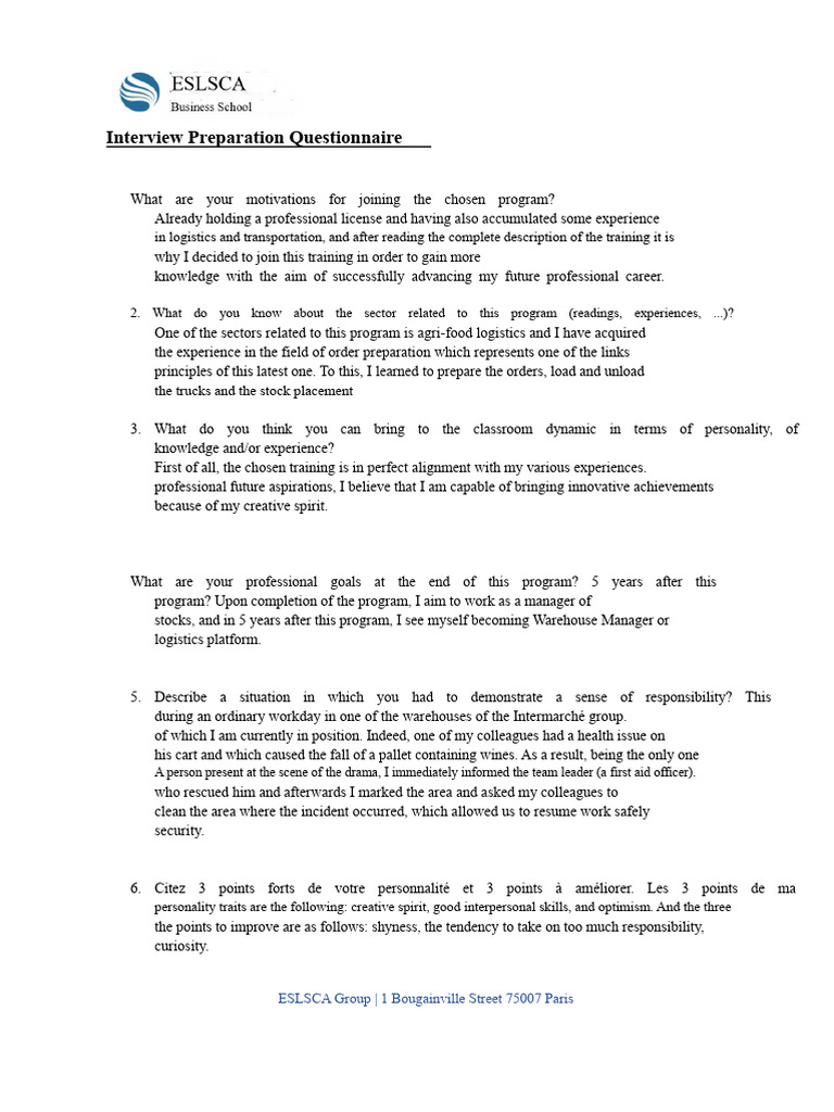 Questionnaire Preparation Group Interview ESLSCA | PDF | Logistics ...