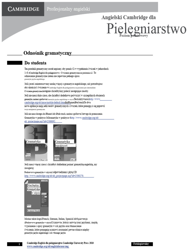 Ćwiczenia Gramatyczne (Cambridge English For Nursing Pre-Intermediate ...