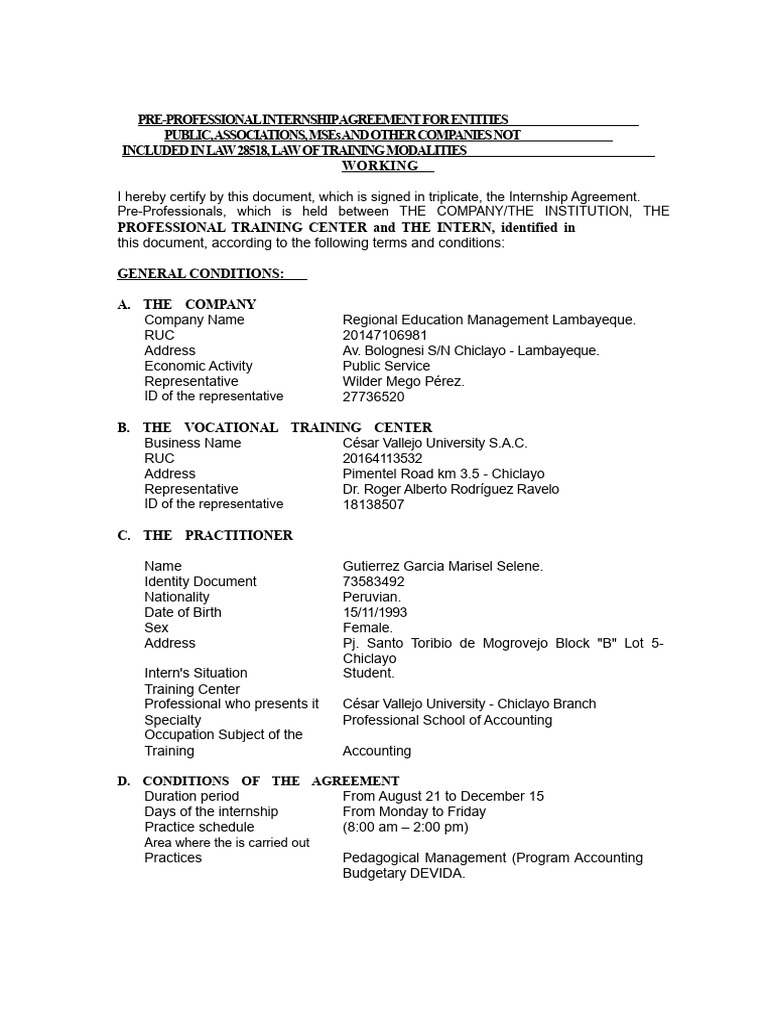 Model of Internship Agreement UCV | PDF | Performance Appraisal ...