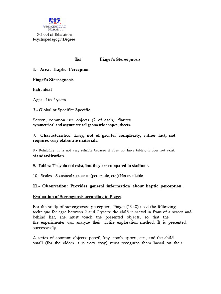 Piaget's Stereognosis Test for Children | PDF | Shape | Perception