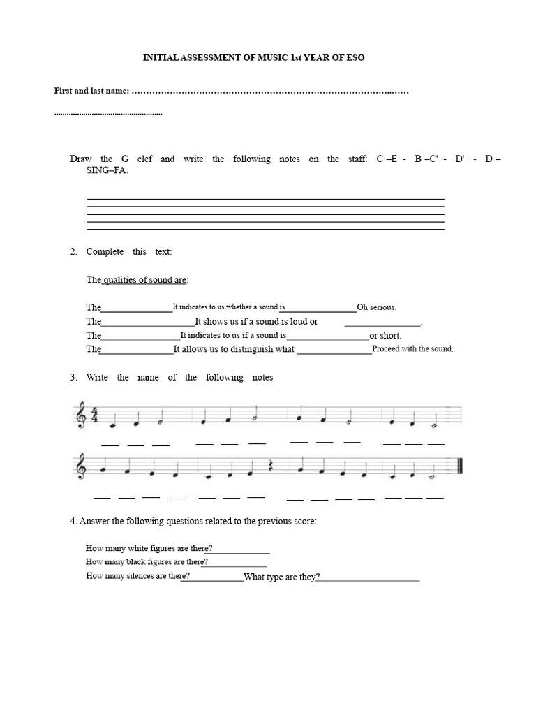 INITIAL ASSESSMENT - MUSIC - 1st YEAR OF ESO | PDF