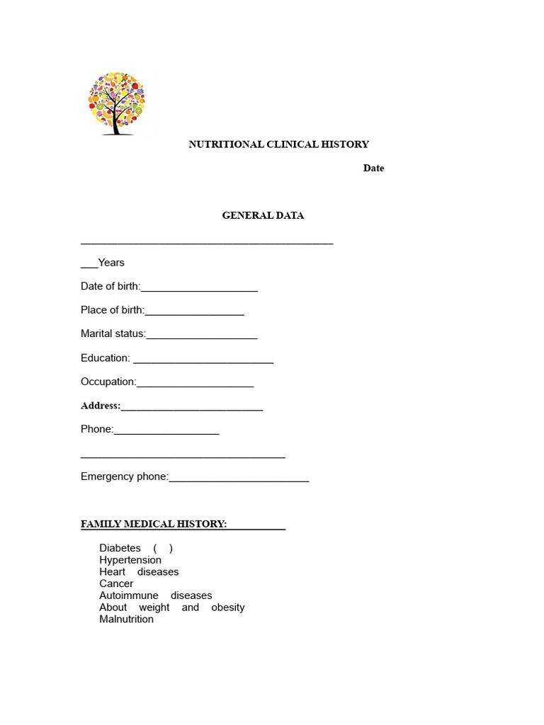 Nutritional Clinical History Form | PDF | Health Sciences | Health Care