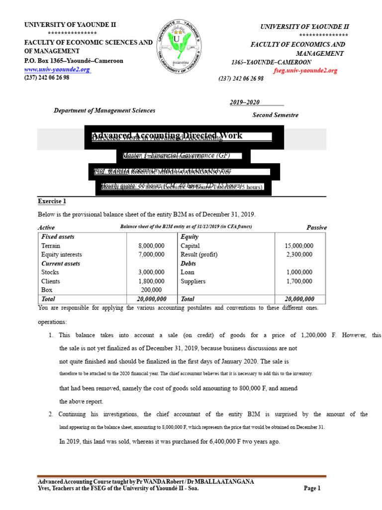 Advanced Accounting Exercises for Master 1 | PDF | Balance Sheet ...