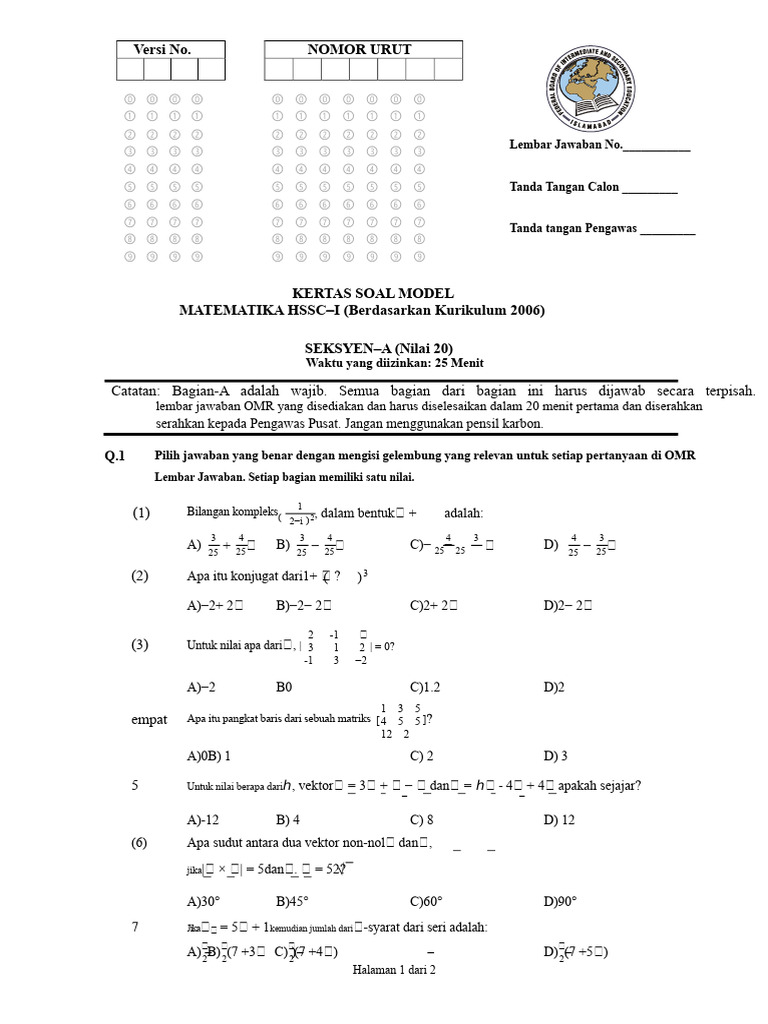Model Soal Ujian Matematika HSSC-I | PDF