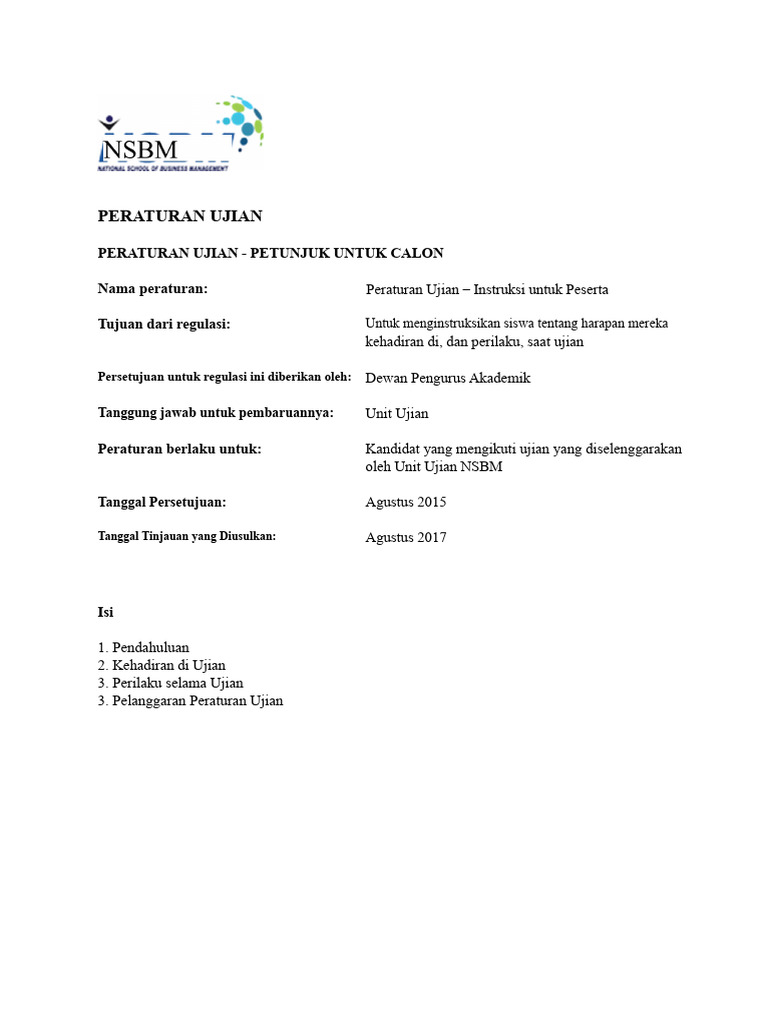 Peraturan Ujian - Instruksi Untuk Peserta - NSBM | PDF