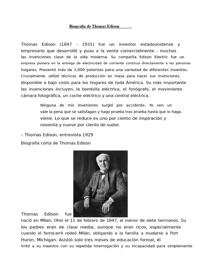 Biografía de Thomas Edison: Inventor Pionero | PDF | Thomas Edison ...