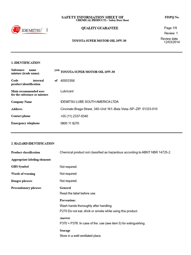Toyota Super Motor Oil 10W-30 Safety Data Sheet | PDF | Toxicity ...