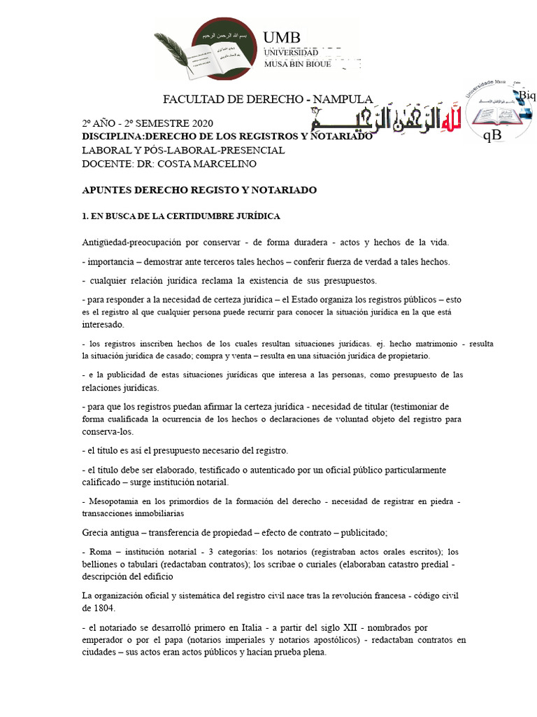 Apuntes Dt. Registro Notarial 2020 | PDF | Ley común | Justicia