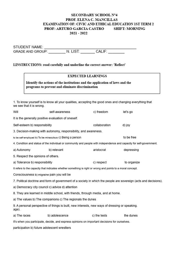 NEW Civics and Ethics Exam First Grade Trimester 2 | PDF | Adolescence ...