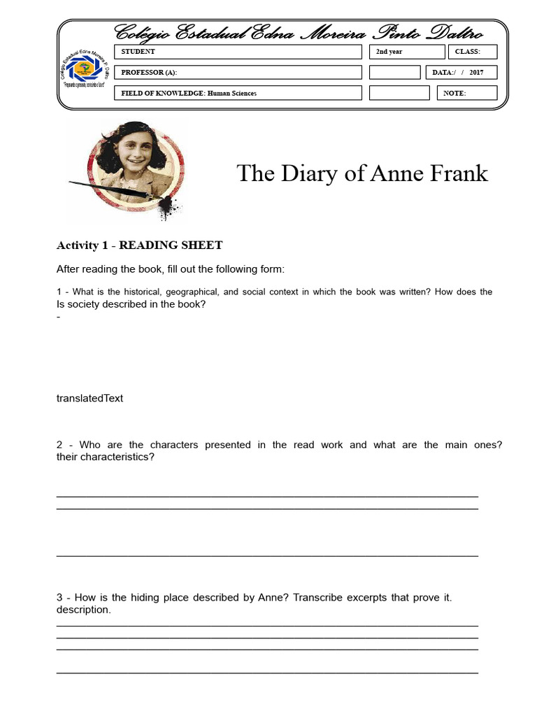 Anne Frank Diary Activity Guide | PDF | Diary | Social Psychology