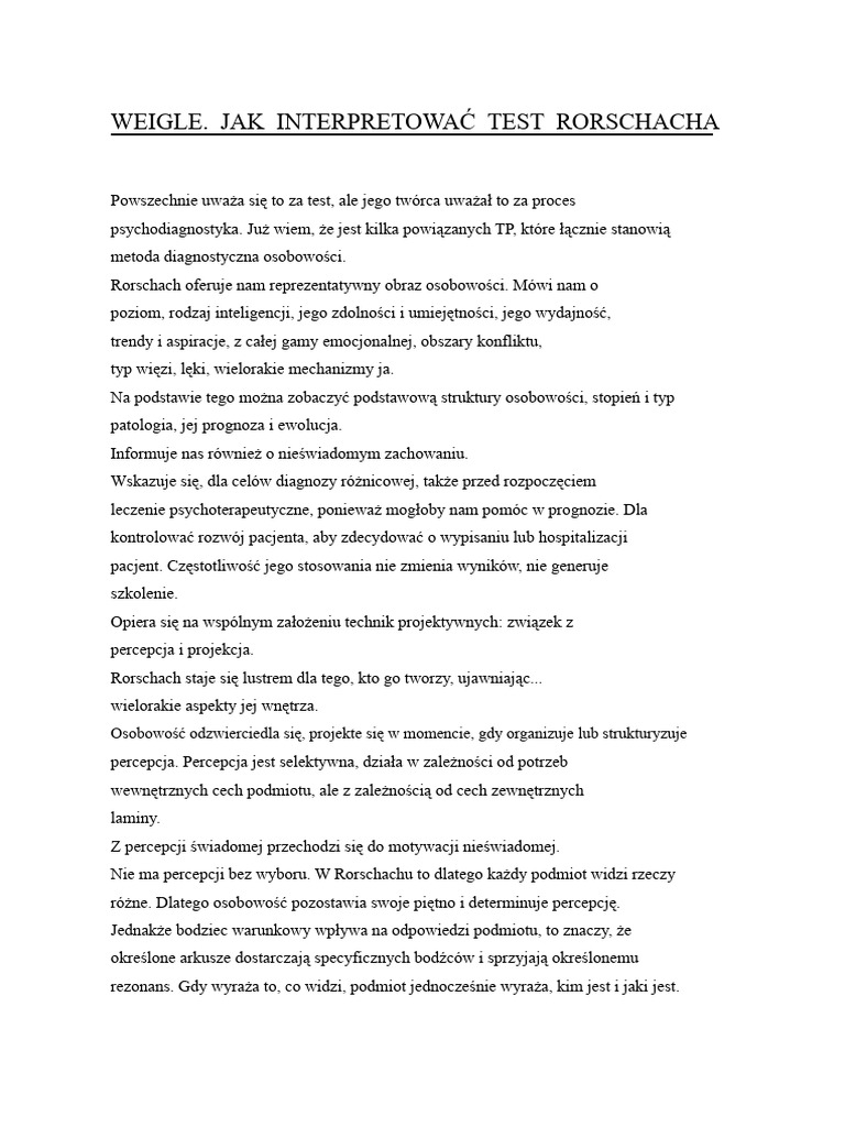 Jak Interpretować Test Rorschacha. Weigle | PDF