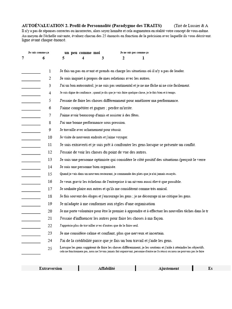 Autoévaluation du Profil de Personnalité | PDF | Psychologie