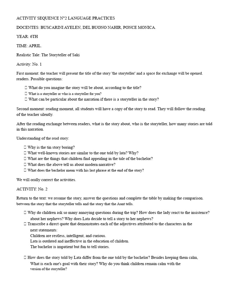 Language Activities on "The Storyteller" | PDF | Storytelling | Narrative