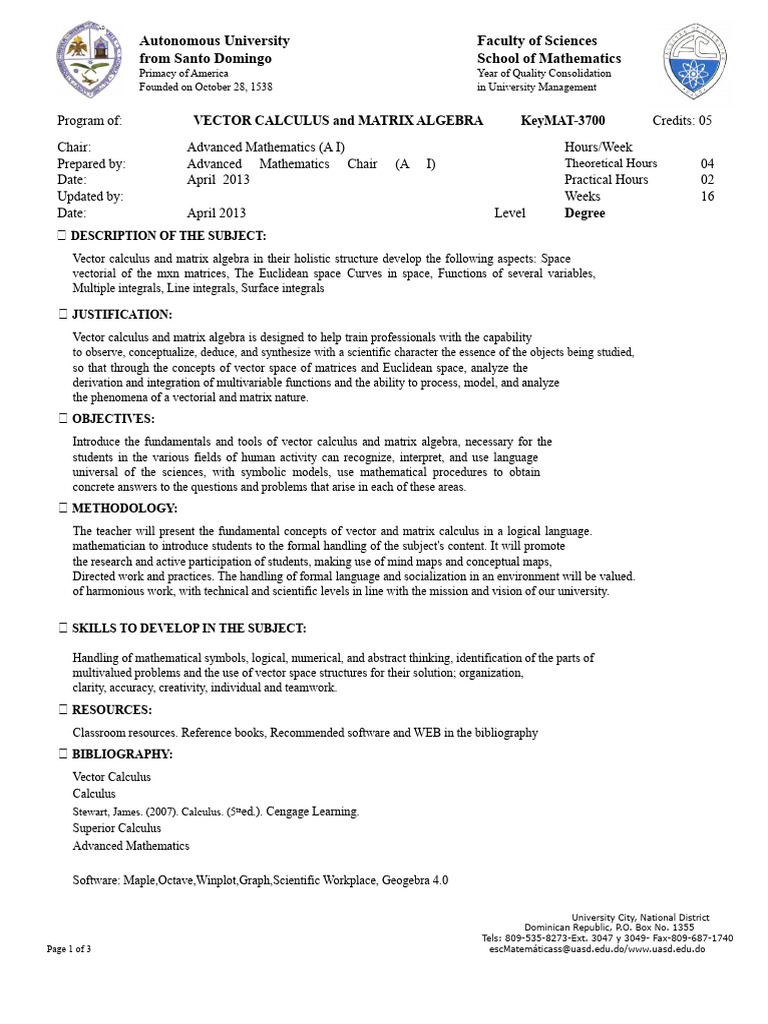 Mat-3700. Vector Calculus and Matrix Algebra Program UASD. | PDF ...