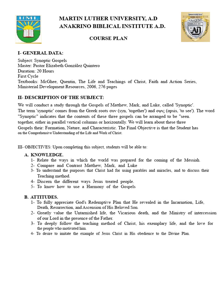 Course Plan Synoptic Gospels | PDF | Jesus | Gospel Of Mark