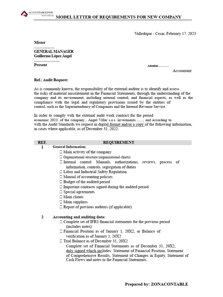 Model Letter of Requirements For New Company | PDF | Audit | Internal ...