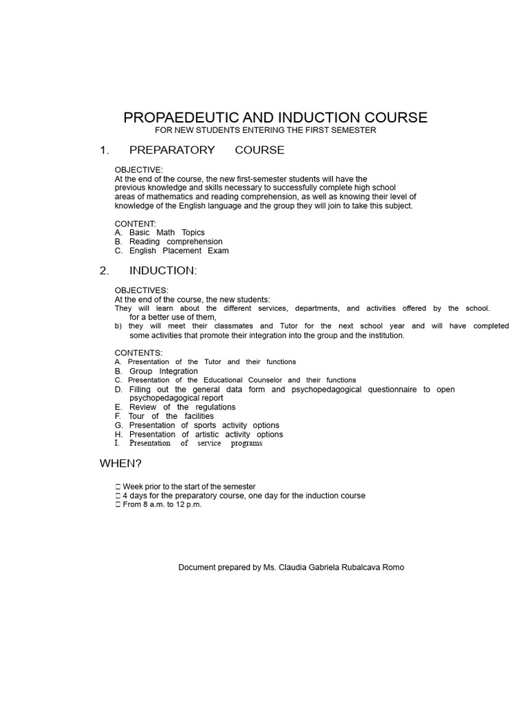 Preparatory Course and Induction | PDF