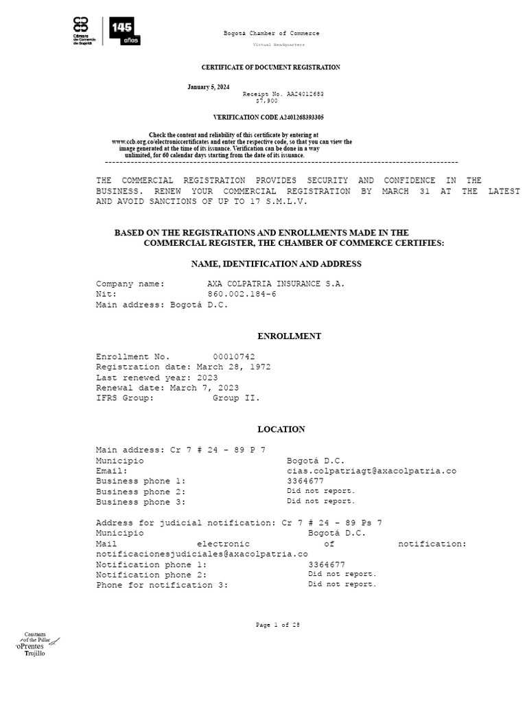 Certificate of Existence and Legal Representation Axa Colpatria ...