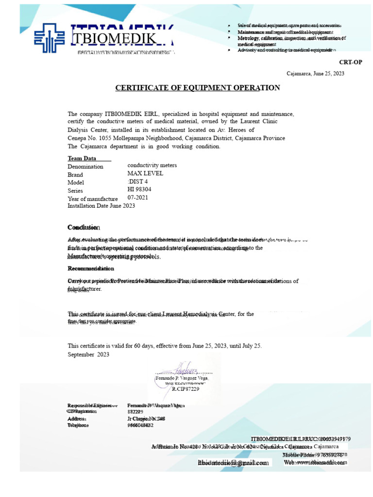 Certificate of Operability of Equipment Laurent (1) (1) | PDF | Medical Device