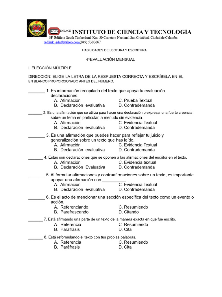 Evaluación de Habilidades de Lectura | PDF
