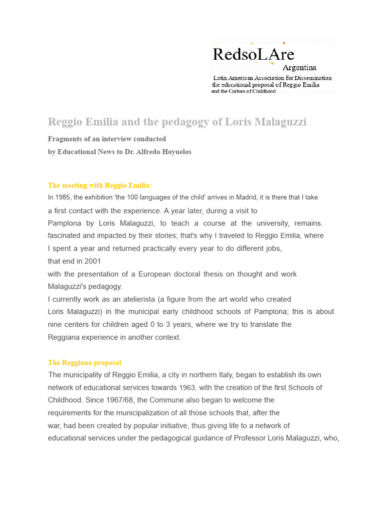 Reggio Emilia and Loris Malaguzzi | PDF | Liberal Arts Education ...