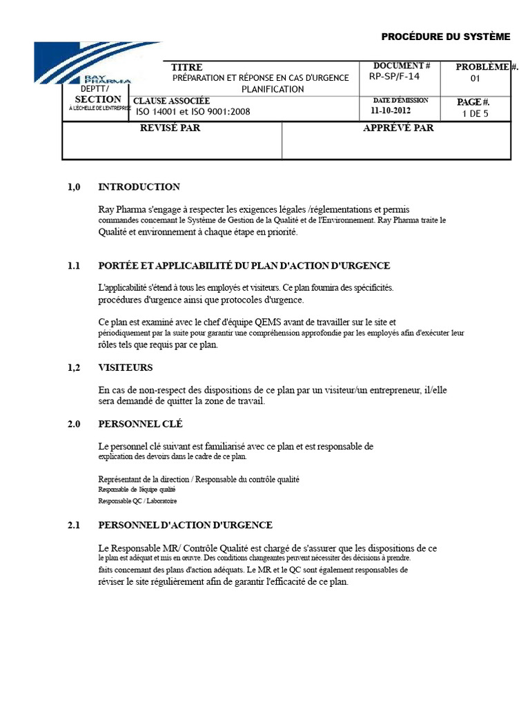 Plan d'Urgence et Réponse chez Ray Pharma | PDF | Premiers secours ...