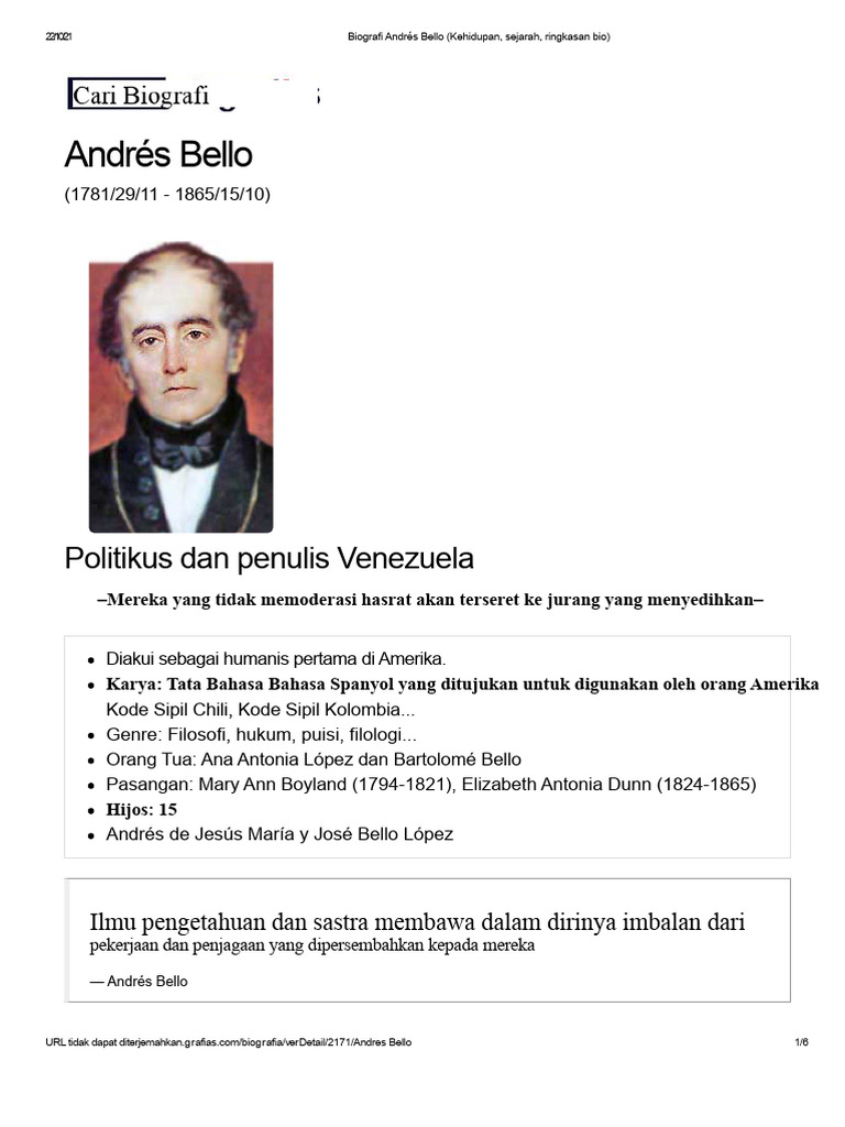 Biografi Andrés Bello: Humanis Venezuela | PDF