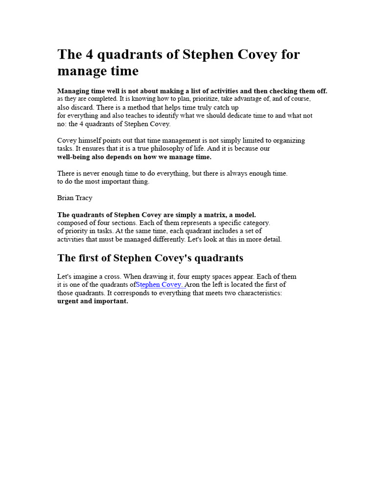 The 4 Quadrants of Stephen Covey For Time Management | PDF | Time ...