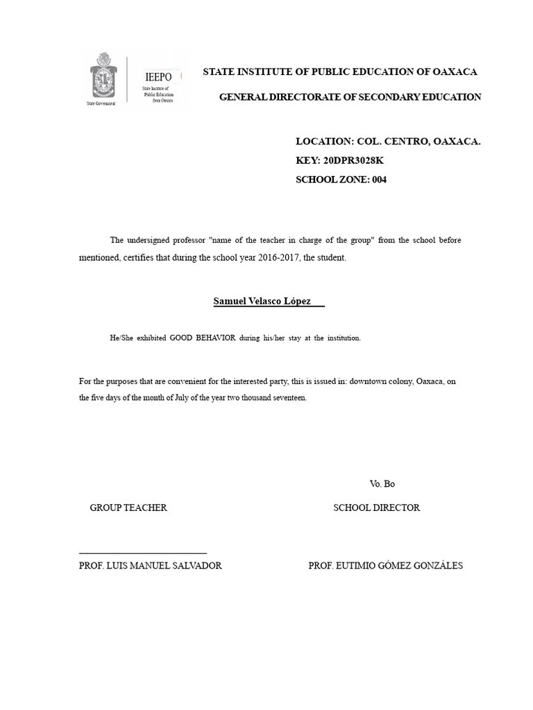 Certificate of Good Conduct Format | PDF