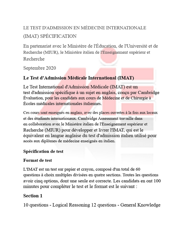 Spécifications du Test IMAT 2020 | PDF | Cellule (Biologie) | Liaison ...