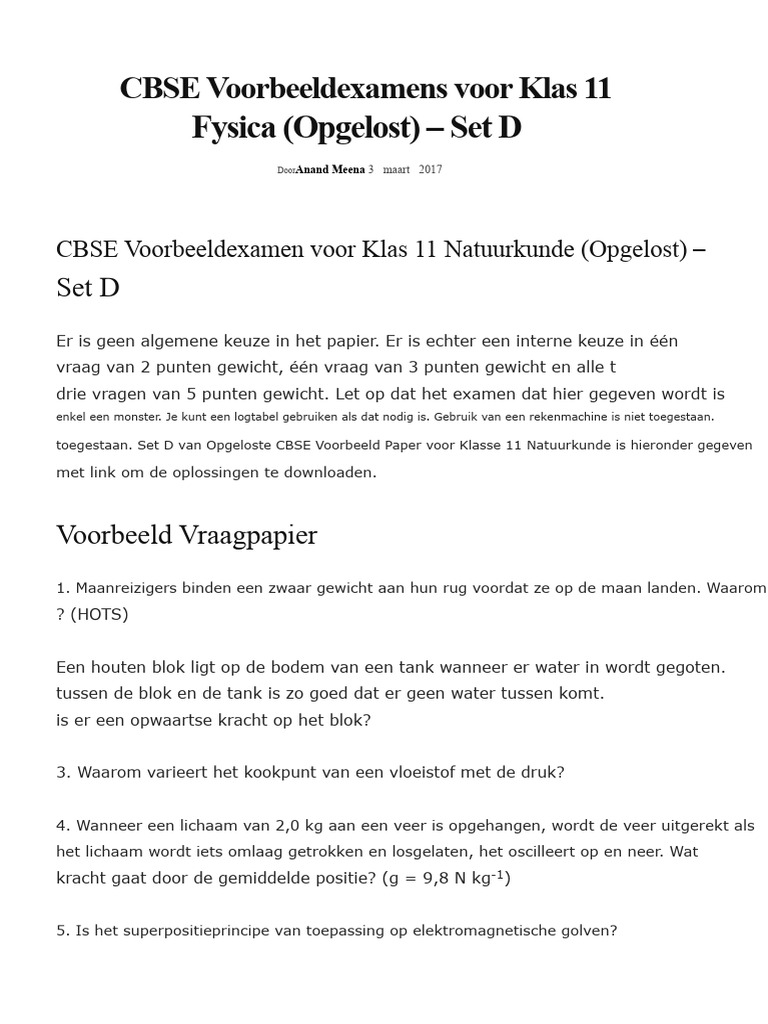 CBSE Voorbeeldexamens Voor Klasse 11 Natuurkunde (Opgelost) - Set D ...