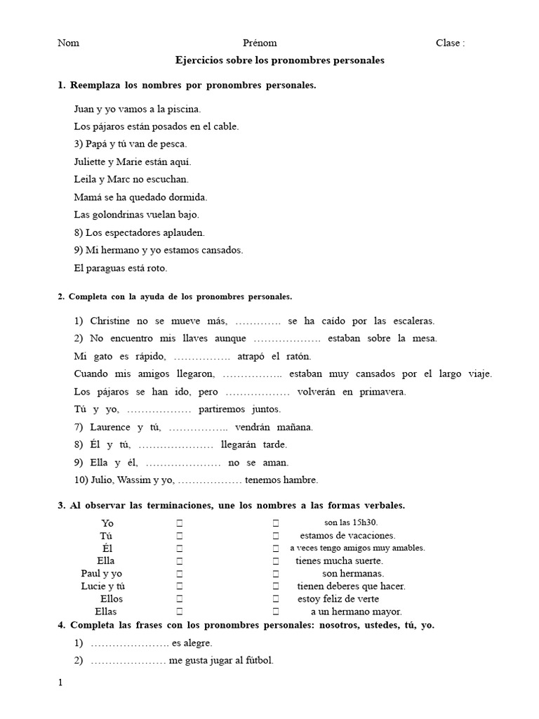 Ejercicios Suplementarios Sobre Los Pronombres Personales | PDF ...