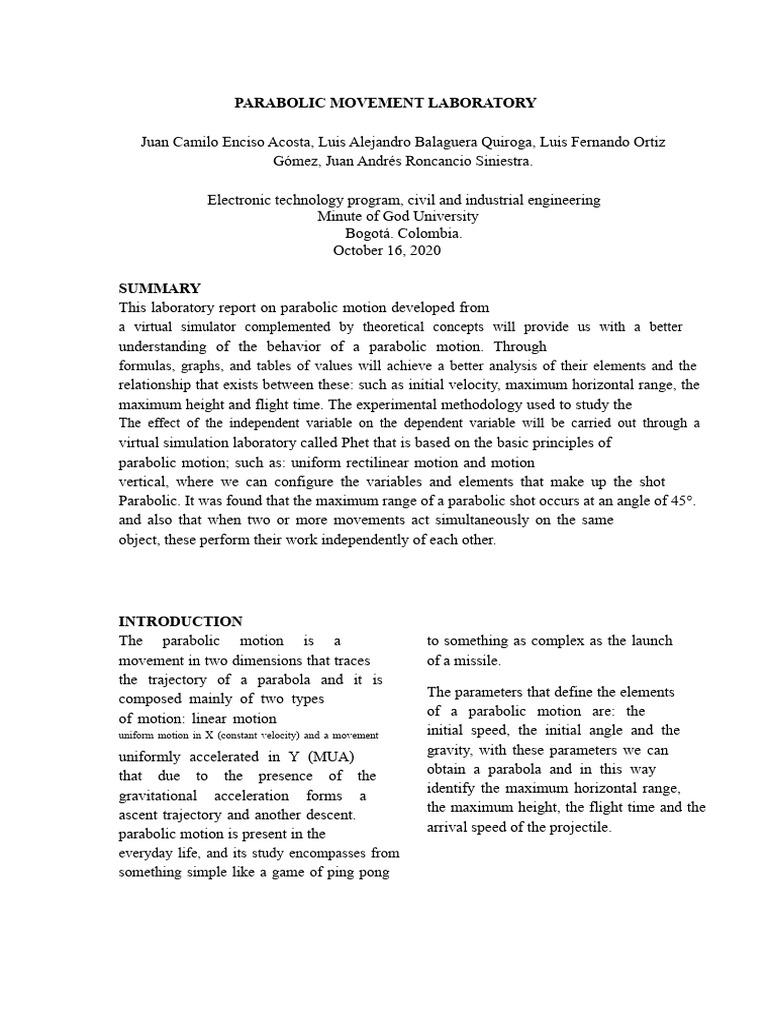 2 Virtual Laboratory Report Parabolic Motion | PDF | Classical ...