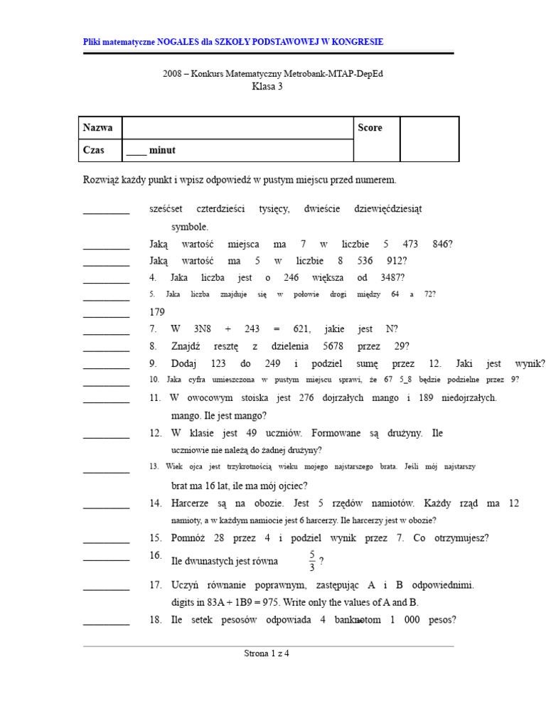 Eliminacje MTAP Klasa 3 - 2008 | PDF