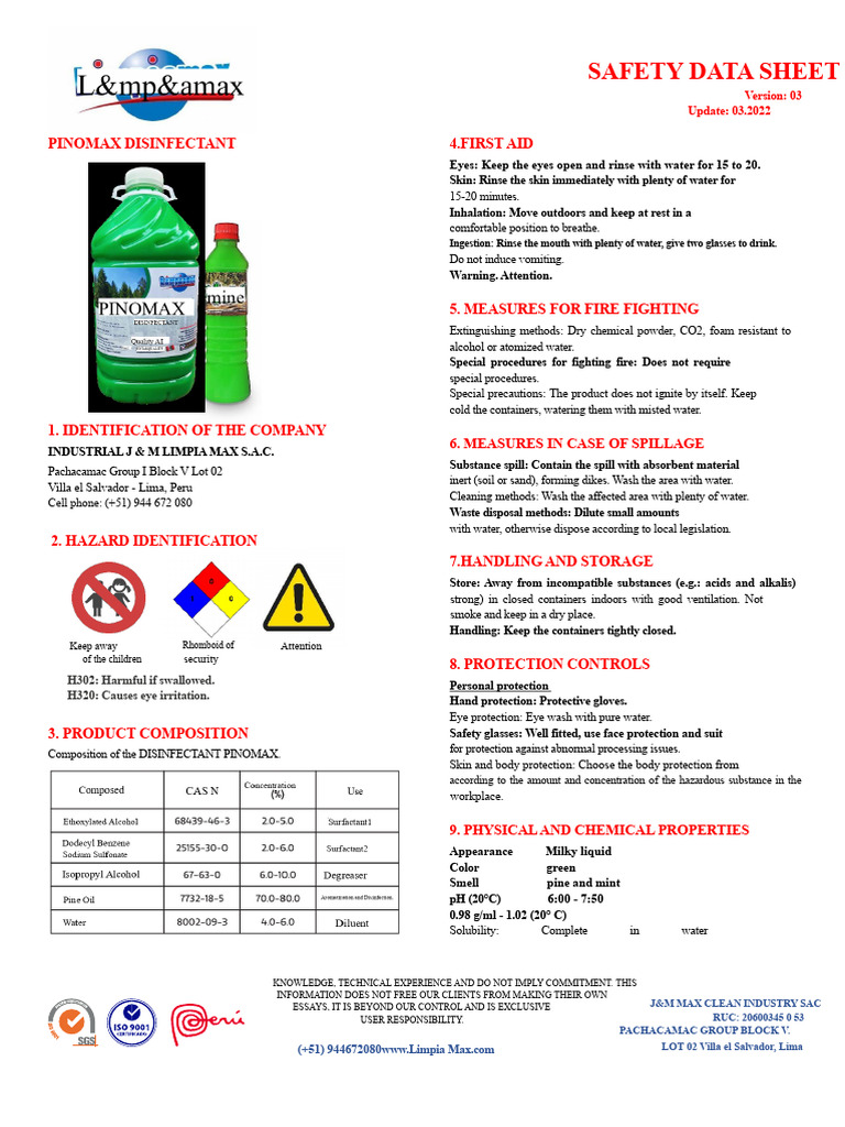 MSDS.-PINE DISINFECTANT (2) | PDF | Water | Waste