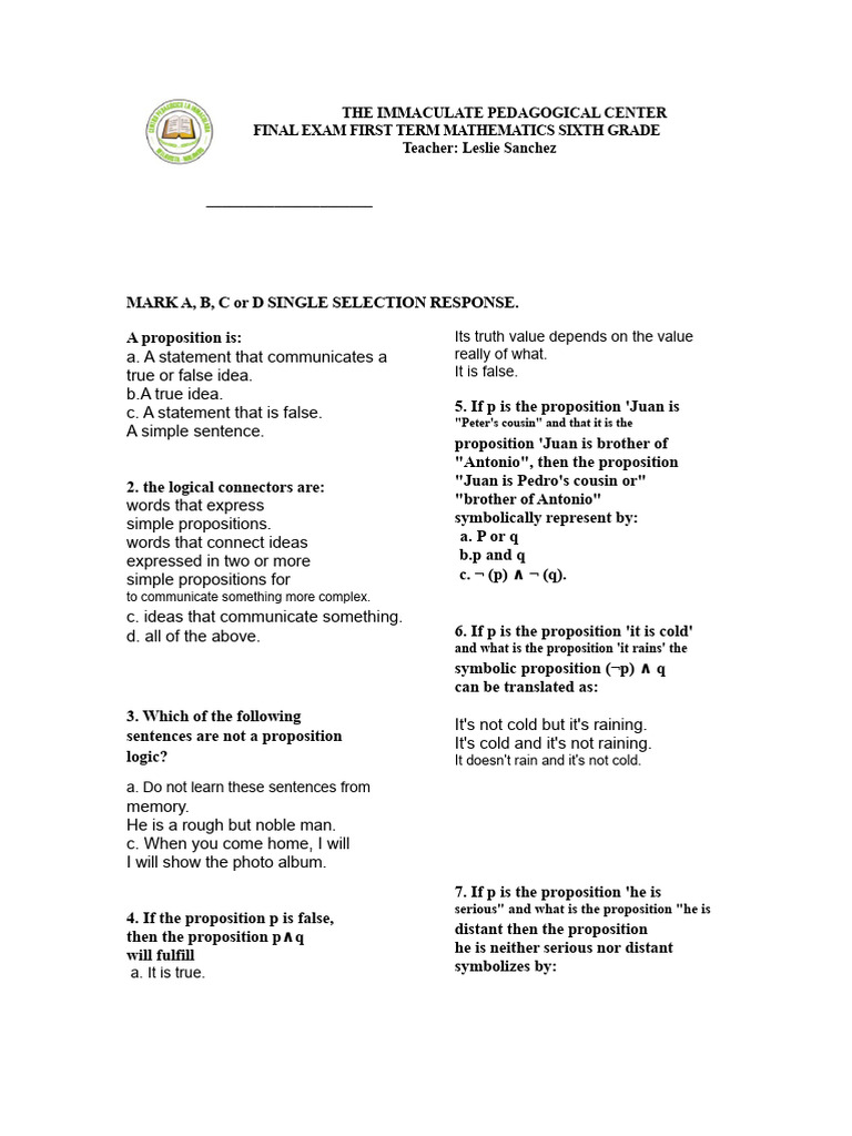 Sixth Grade Exam | PDF | Proposition | Logic