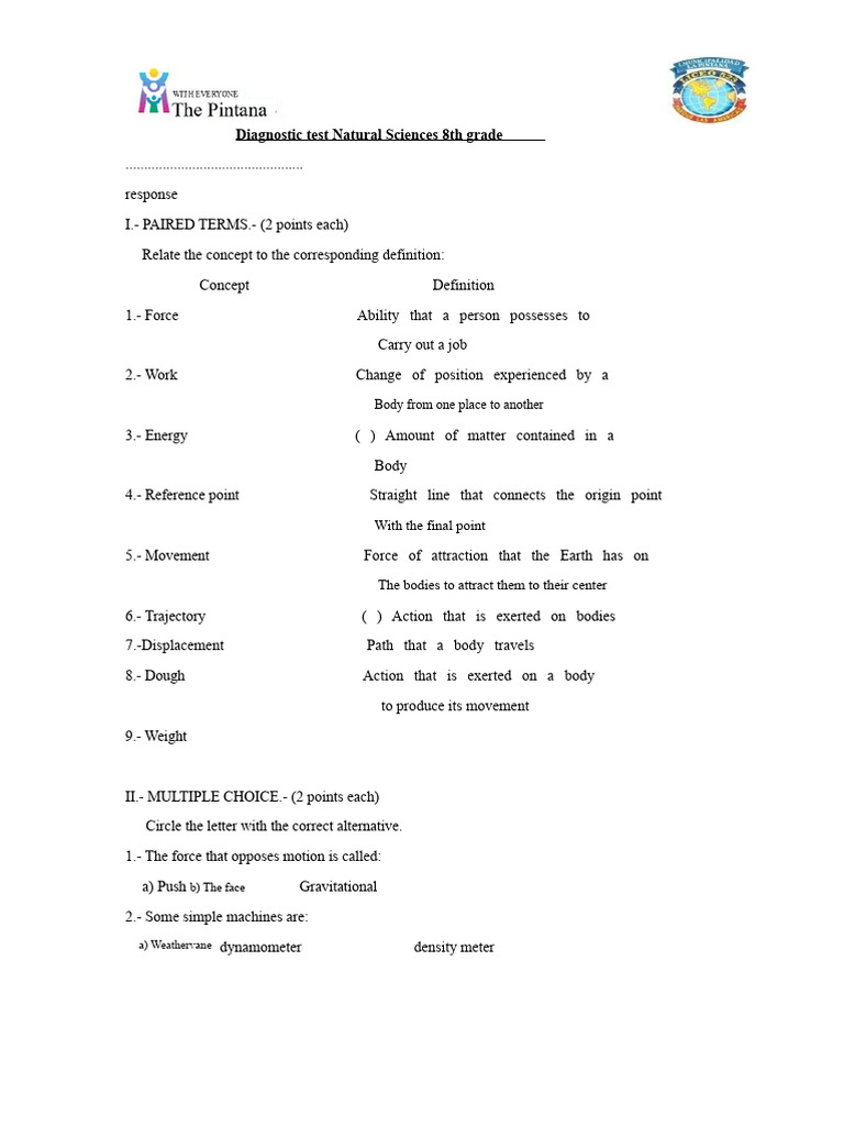 Diagnostic Test For Natural Sciences 8th Grade | PDF | Force | Matter