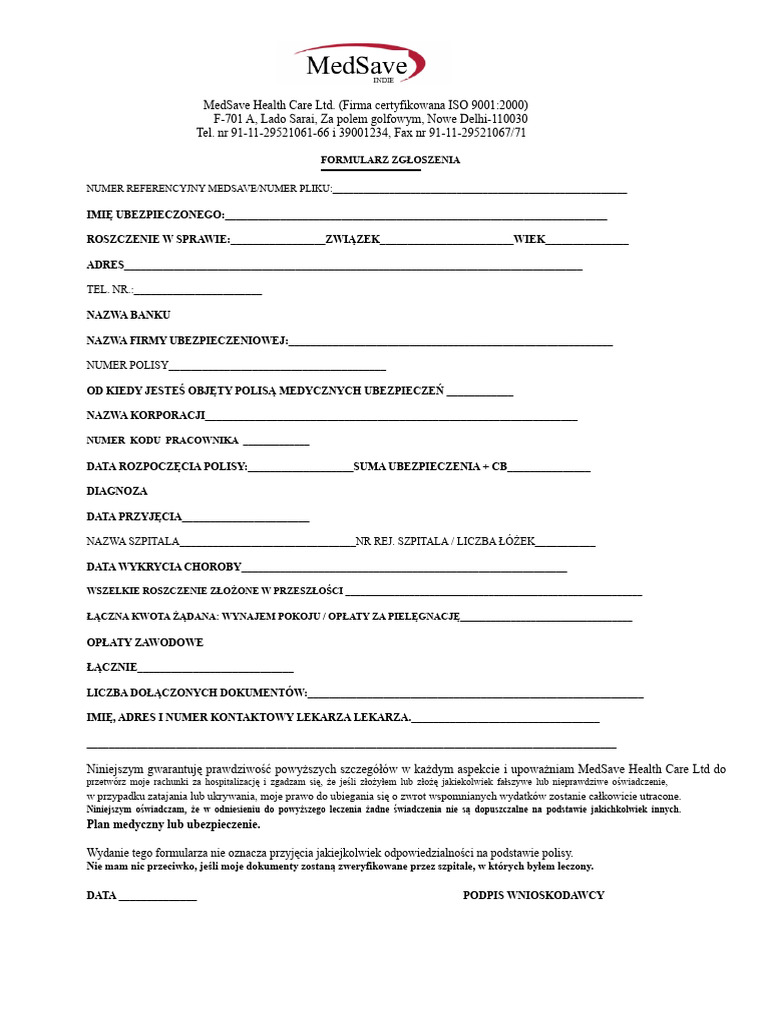 Medsave - Formularz Roszczenia o Odszkodowanie Medyczne | PDF