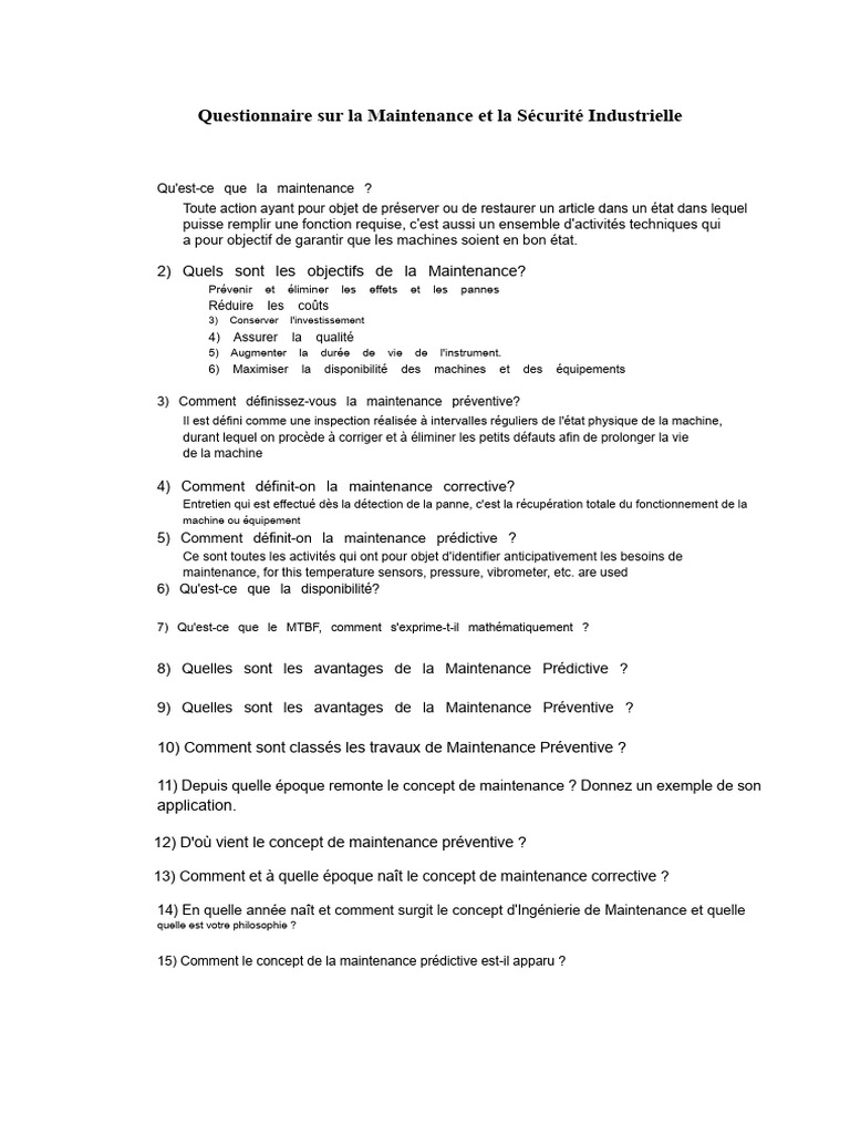Questionnaire sur Maintenance et Sécurité | PDF | Santé et sécurité au ...