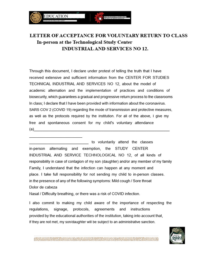 Voluntary Return to Class Consent Form | PDF