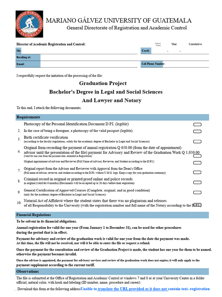 Example of Graduation Project Form For Law at Mariano Galvez University ...