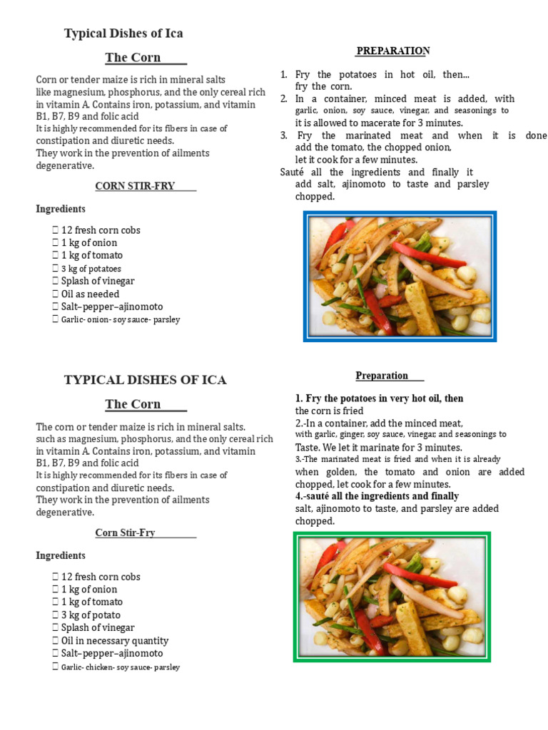 TYPICAL DISHES OF ICA Corn Stir-Fry | PDF | Onion | Stir Frying