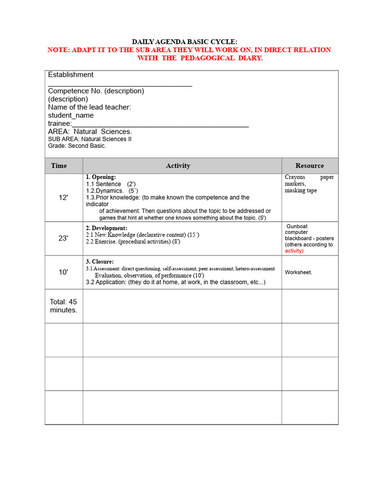 Daily Didactic Agenda Template | PDF | Learning | Communication