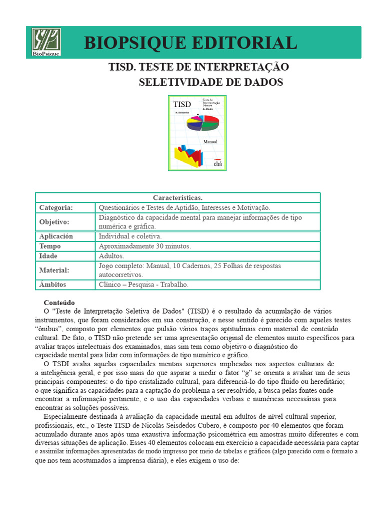 Teste TISD: Avaliação de Dados Numéricos | PDF | Informação | Inteligência