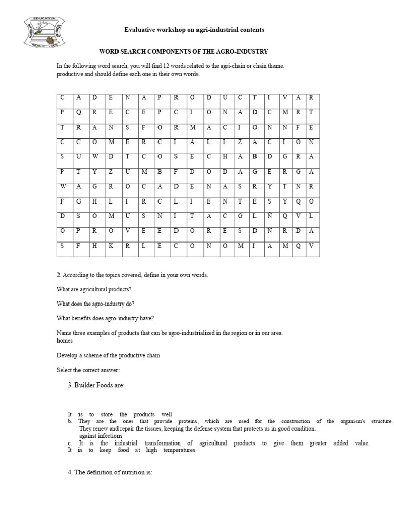Word Search AGRI-INDUSTRIAL COMPONENT Productive Chain-Evaluation | PDF ...